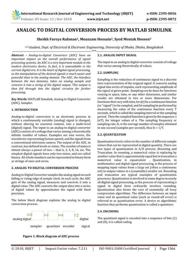IRJET- Analog to Digital Conversion Process by Matlab Simulink | PDF