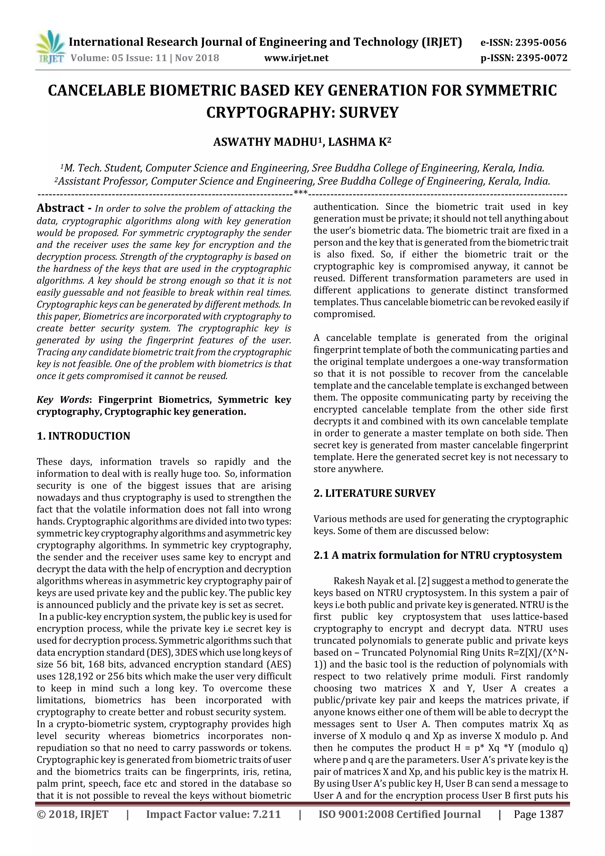 IRJET- Cancelable Biometric based Key Generation for Symmetric Cryptography: Survey | PDF