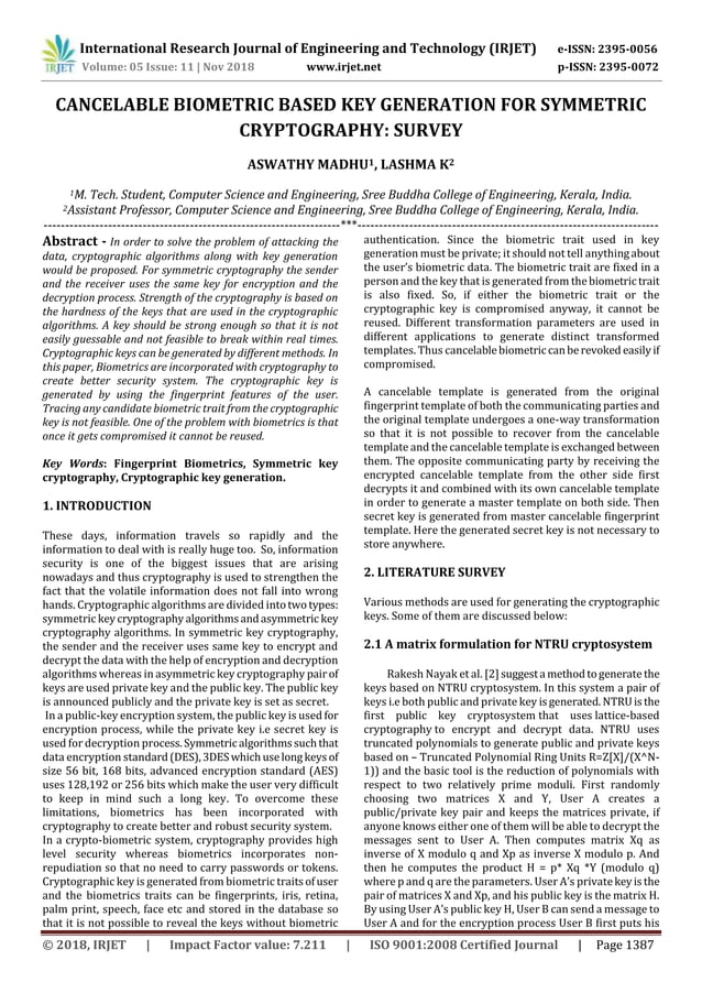 Irjet Cancelable Biometric Based Key Generation For Symmetric Cryptography Survey Pdf