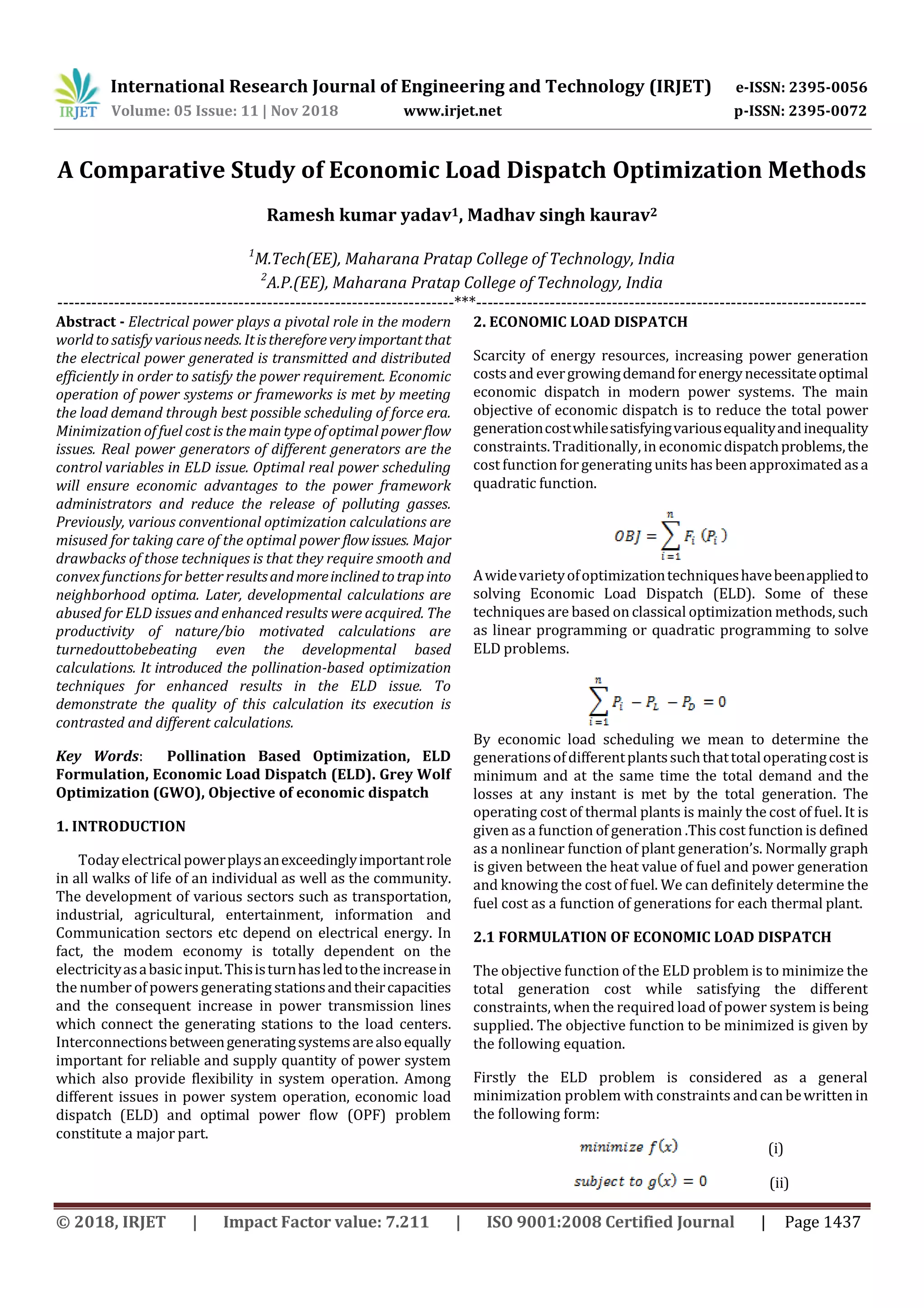 IRJET- A Comparative Study of Economic Load Dispatch Optimization Methods | PDF