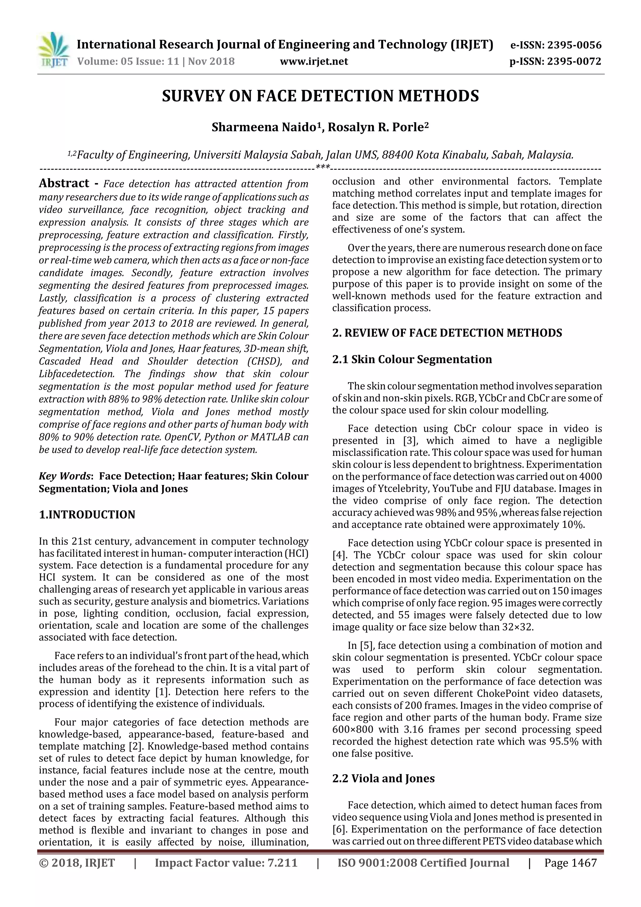 IRJET- Survey on Face Detection Methods | PDF