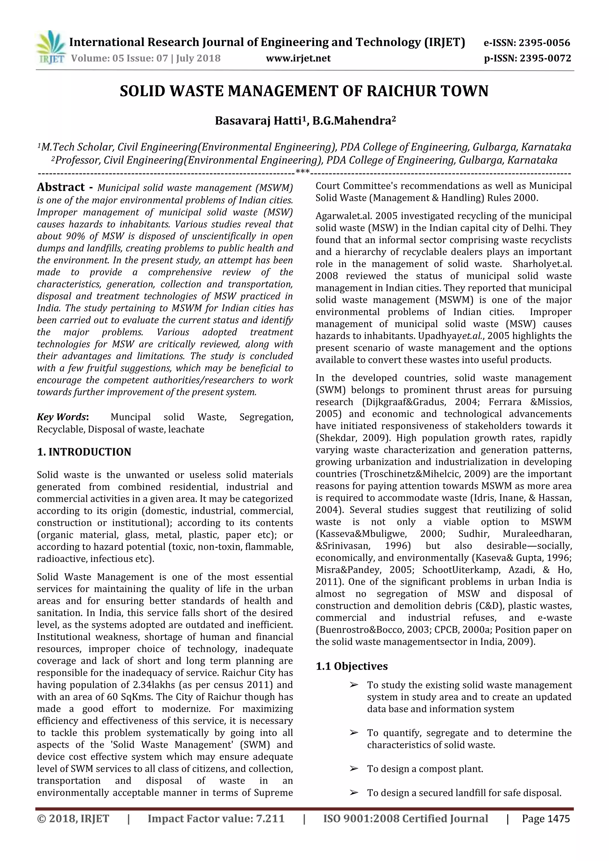 IRJET- Solid Waste Management of Raichur Town | PDF