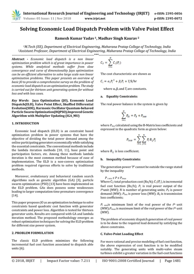 IRJET- Solving Economic Load Dispatch Problem with Valve Point Effect | PDF
