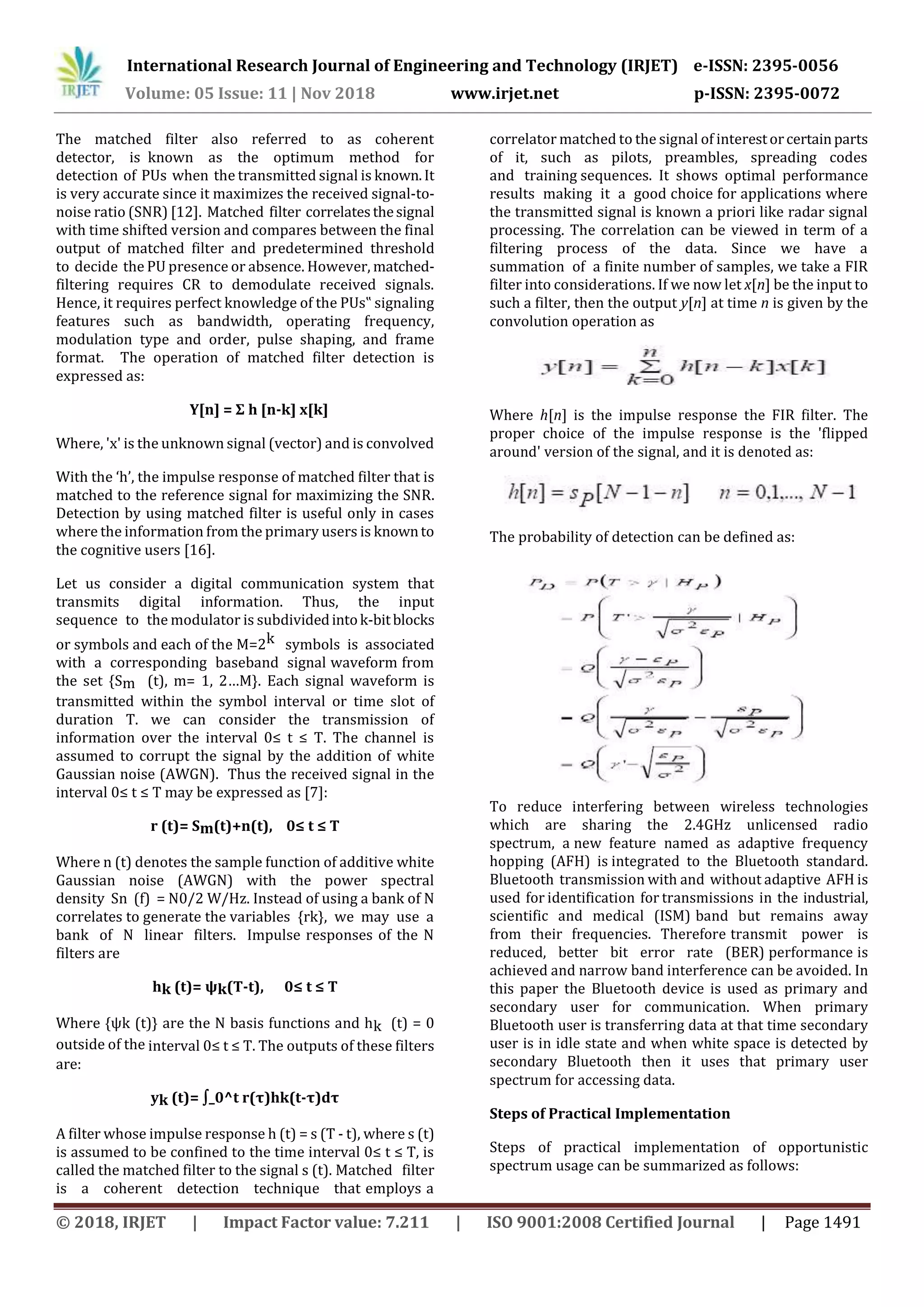 Irjet Dynamic Spectrum Sensing Using Matched Filter Method And Matlab