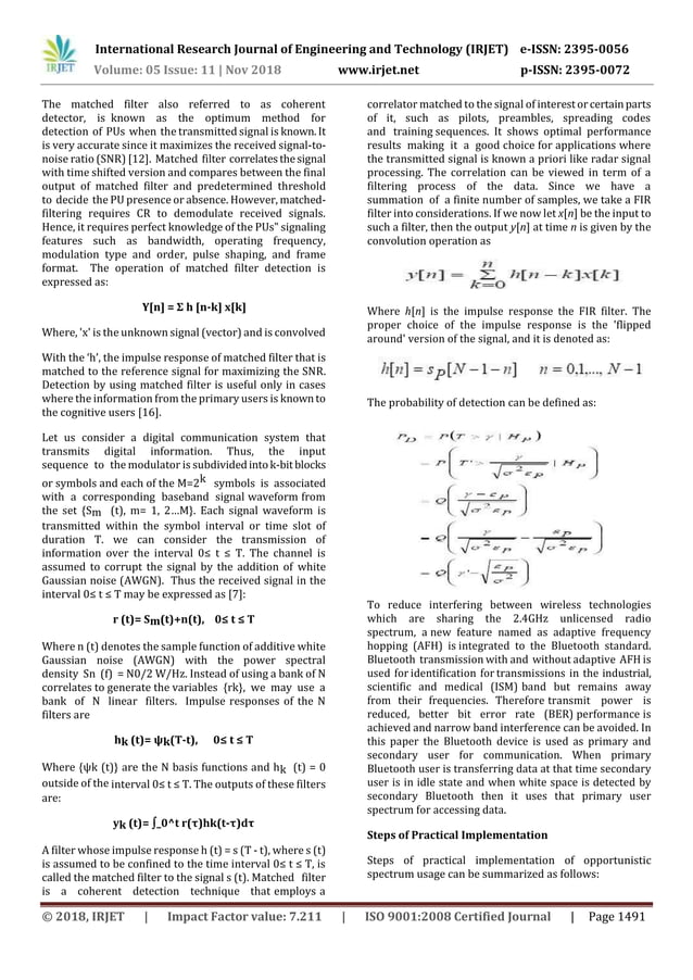 Irjet Dynamic Spectrum Sensing Using Matched Filter Method And Matlab Simulation Pdf 