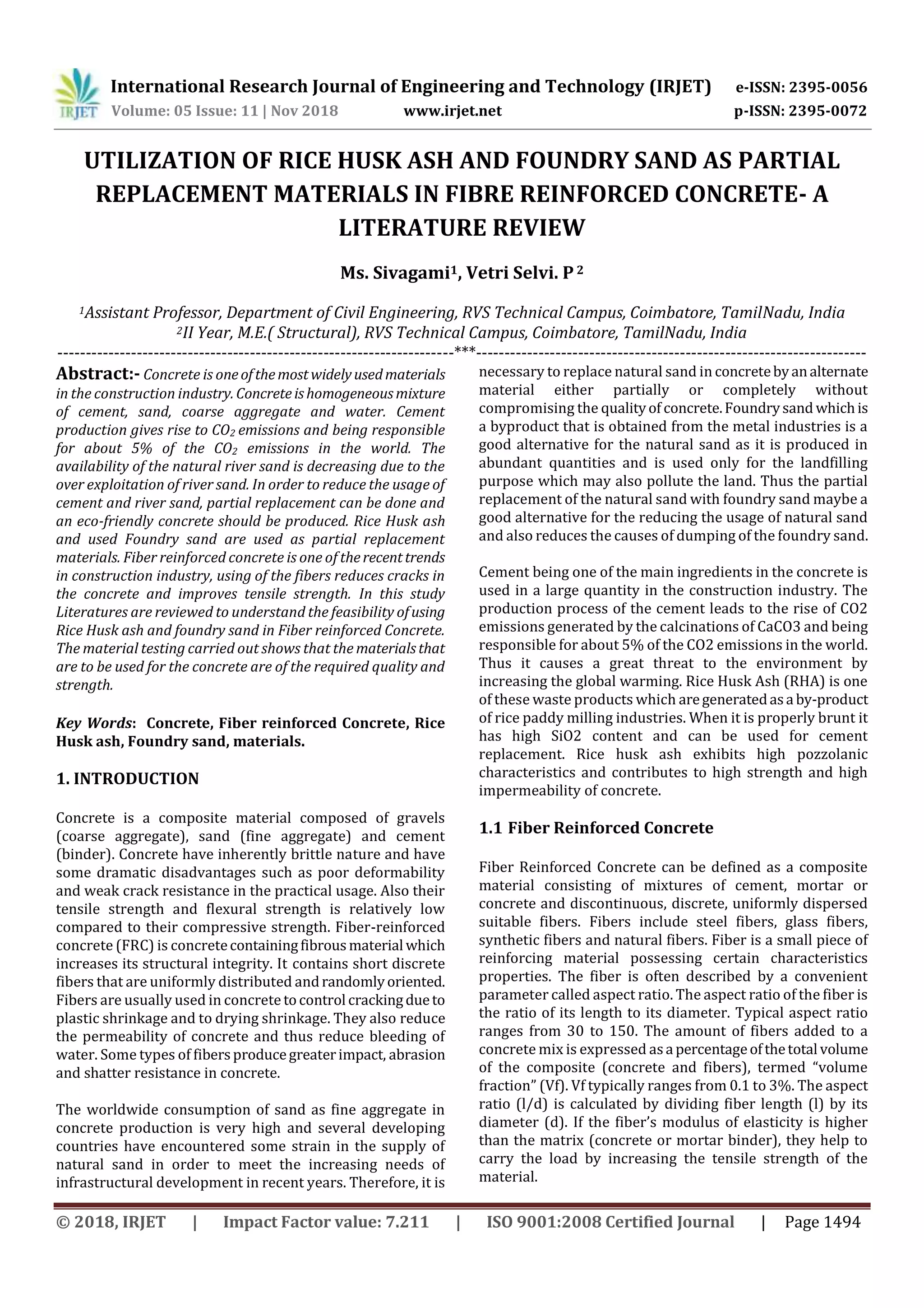 IRJET- Utilization of Rice Husk Ash and Foundry Sand as Partial ...