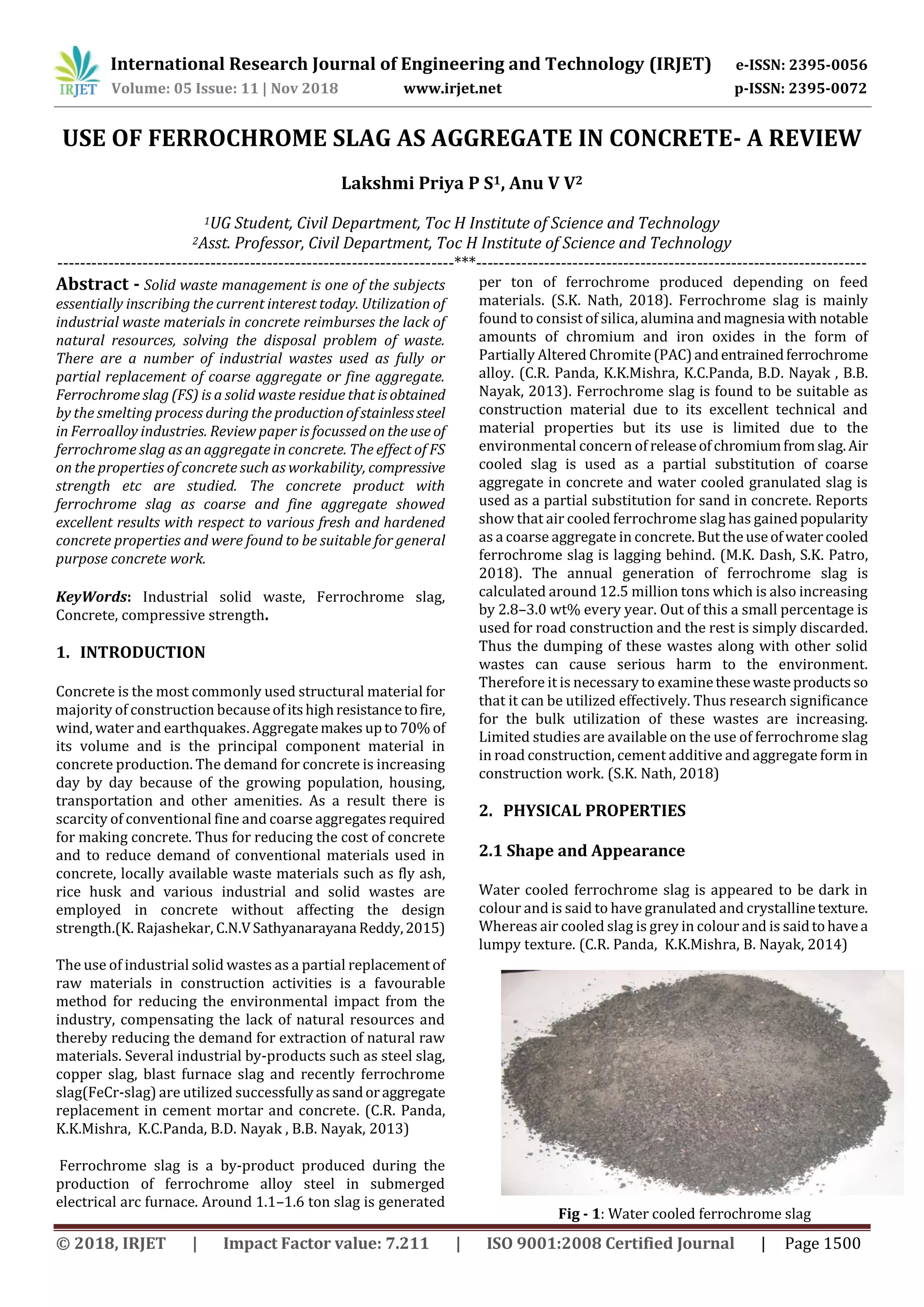IRJET- Use of Ferrochrome Slag as Aggregate in Concrete- A Review | PDF