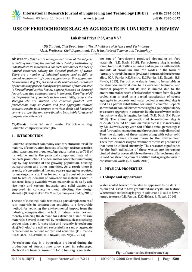 IRJET- Use of Ferrochrome Slag as Aggregate in Concrete- A Review | PDF