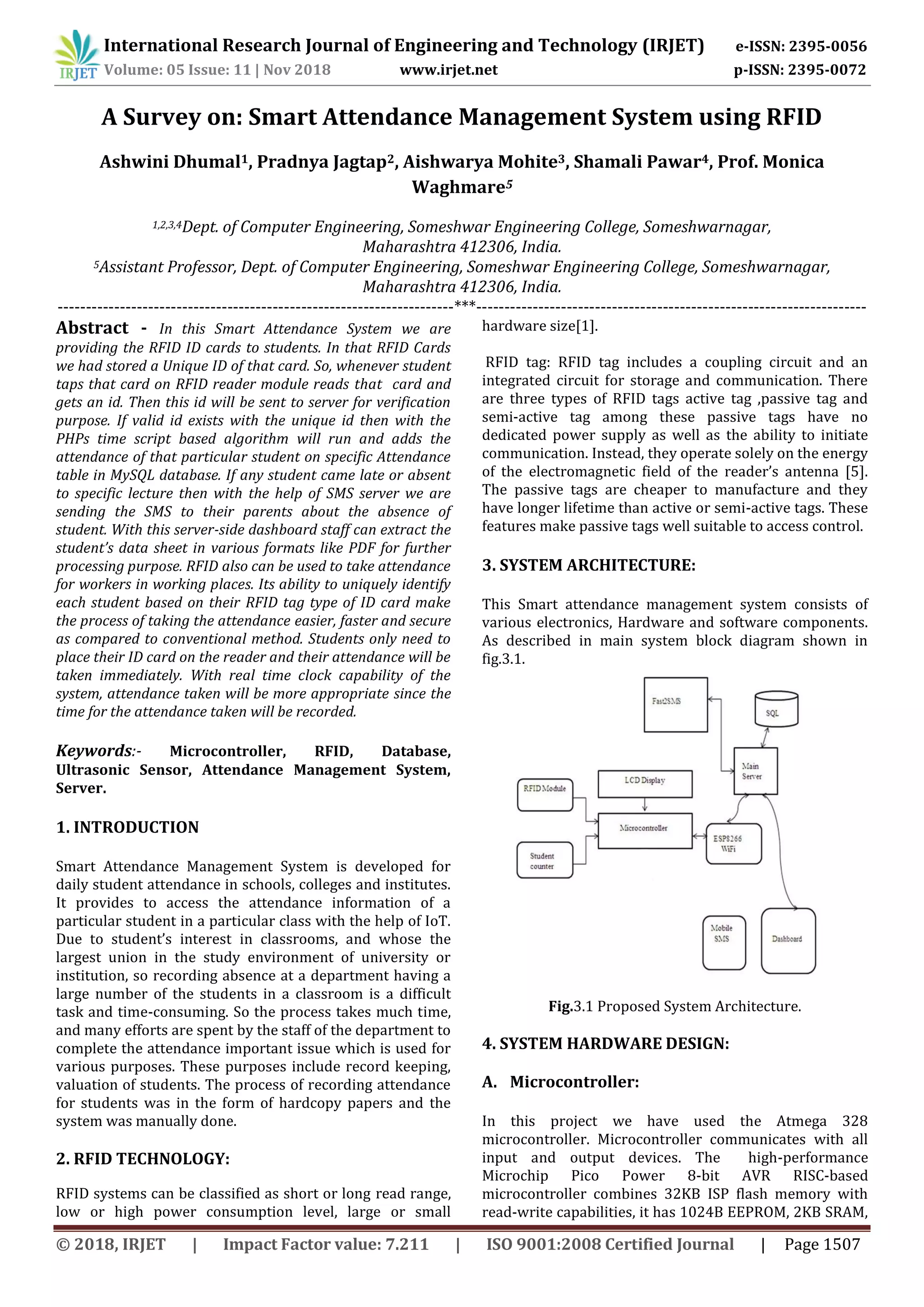 IRJET- A Survey on: Smart Attendance Management System using RFID | PDF