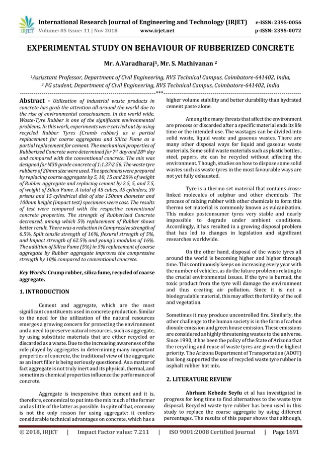 IRJET- Experimental Study on Behaviour of Rubberized Concrete | PDF