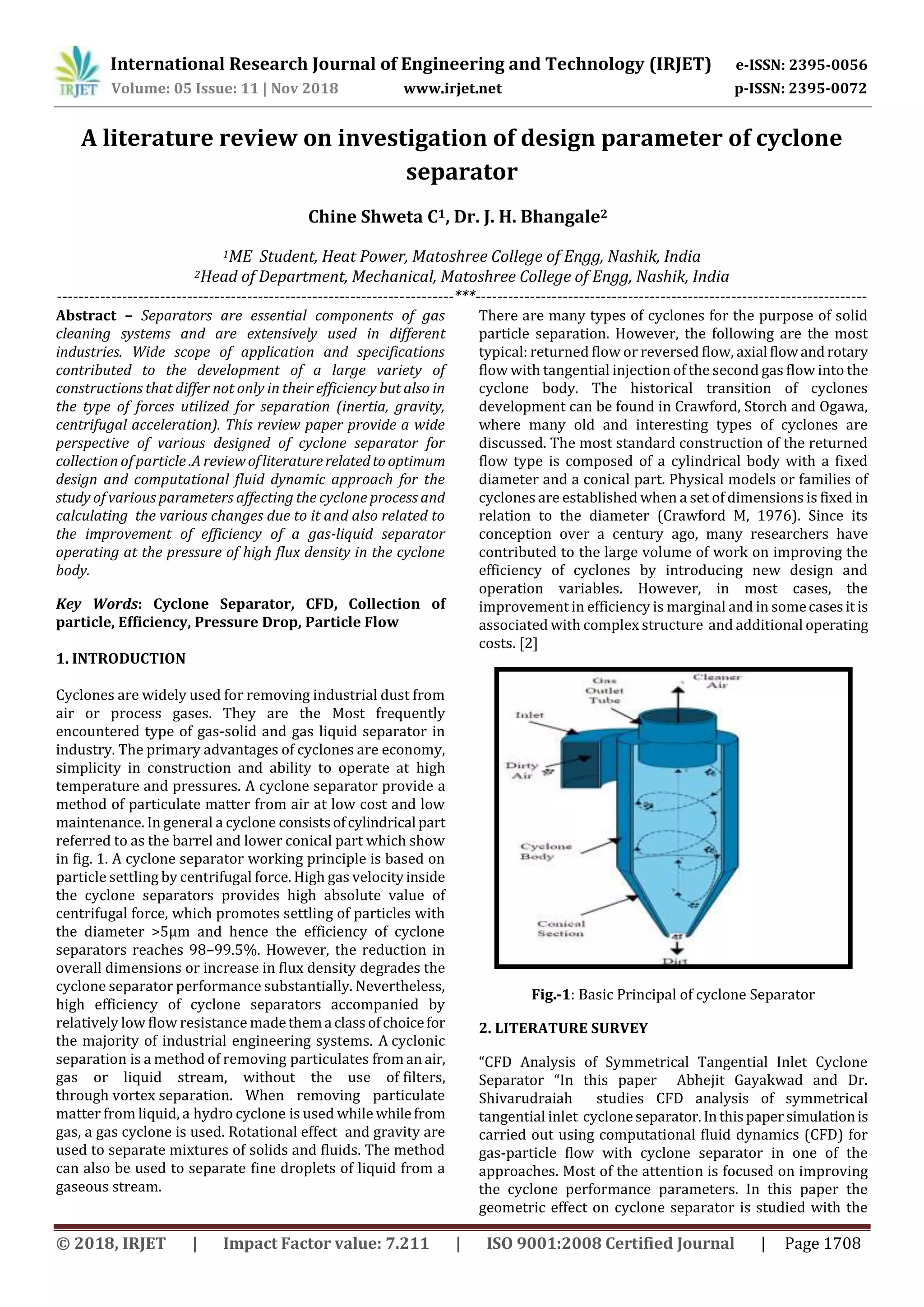 IRJET- A Literature Review on Investigation of Design Parameter of Cyclone Separator | PDF ...
