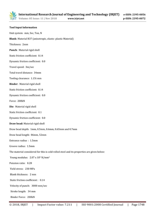 IRJET- Optimisation of Draw-Bead Design in Sheet Metal Forming of an Asymmetric Part using RSM ...