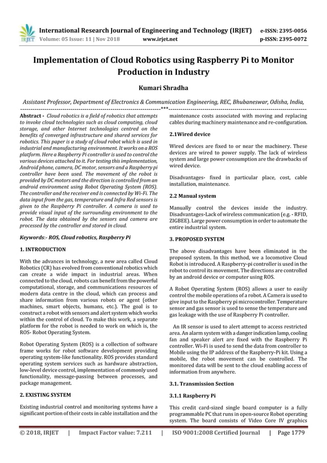 IRJET- Implementation of Cloud Robotics using Raspberry PI to Monitor Production in Industry ...