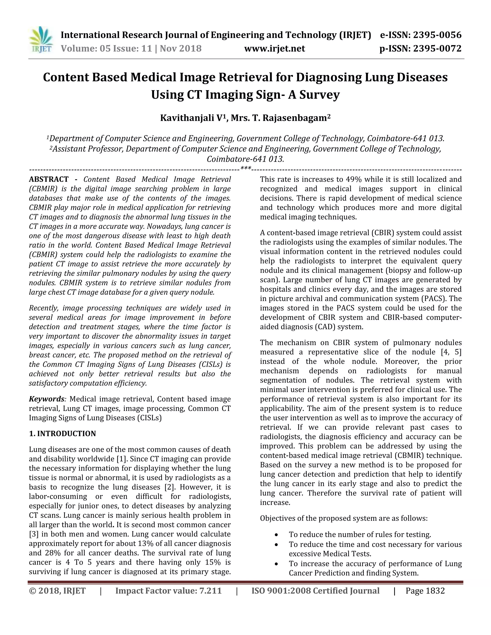 IRJET- Content based Medical Image Retrieval for Diagnosing Lung Diseases using CT Imaging Sign ...