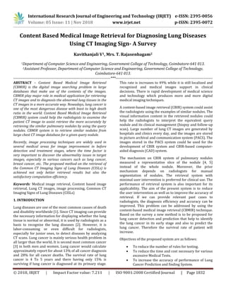 IRJET- Content based Medical Image Retrieval for Diagnosing Lung Diseases using CT Imaging Sign ...