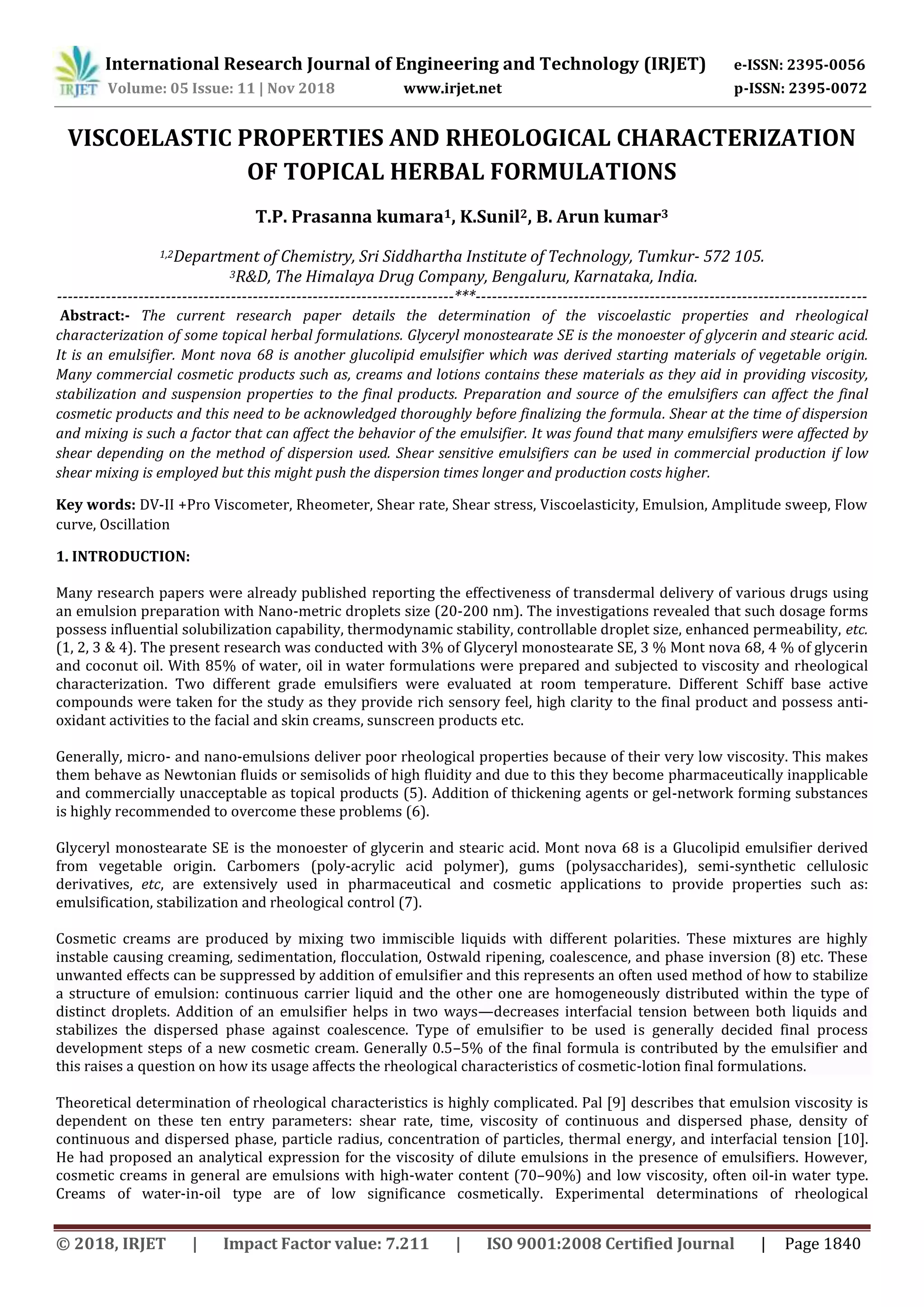 IRJET- Viscoelastic Properties and Rheological Characterization of Topical Herbal Formulations | PDF