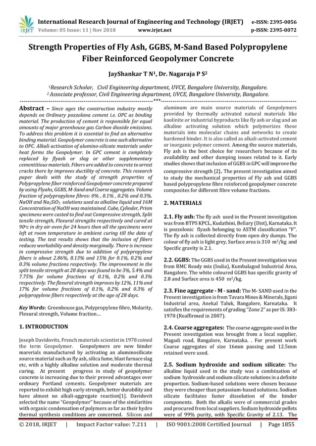 IRJET- Strength Properties of Fly Ash, GGBS, M-Sand Based Polypropylene ...