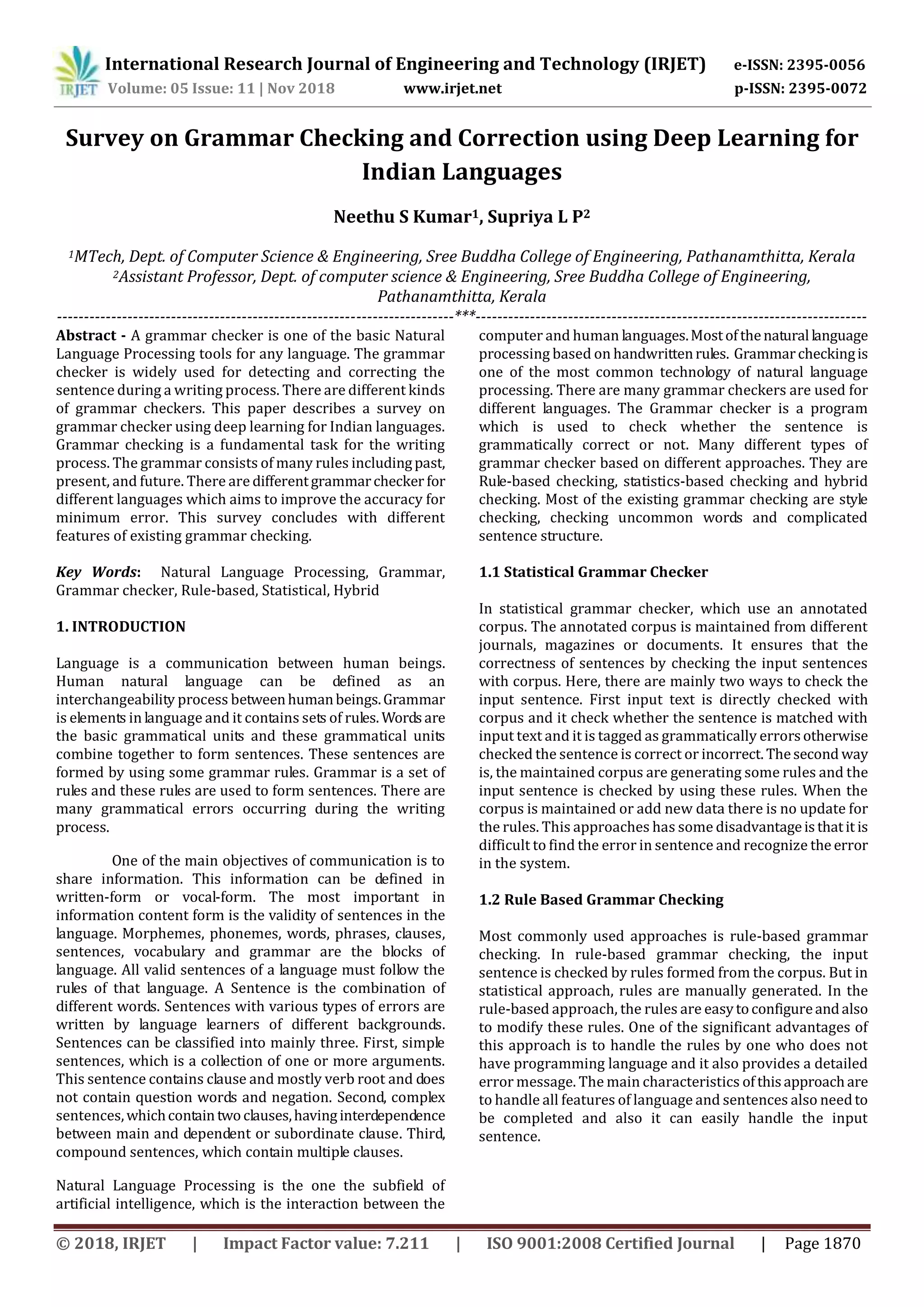 IRJET- Survey on Grammar Checking and Correction using Deep Learning for Indian Languages | PDF ...