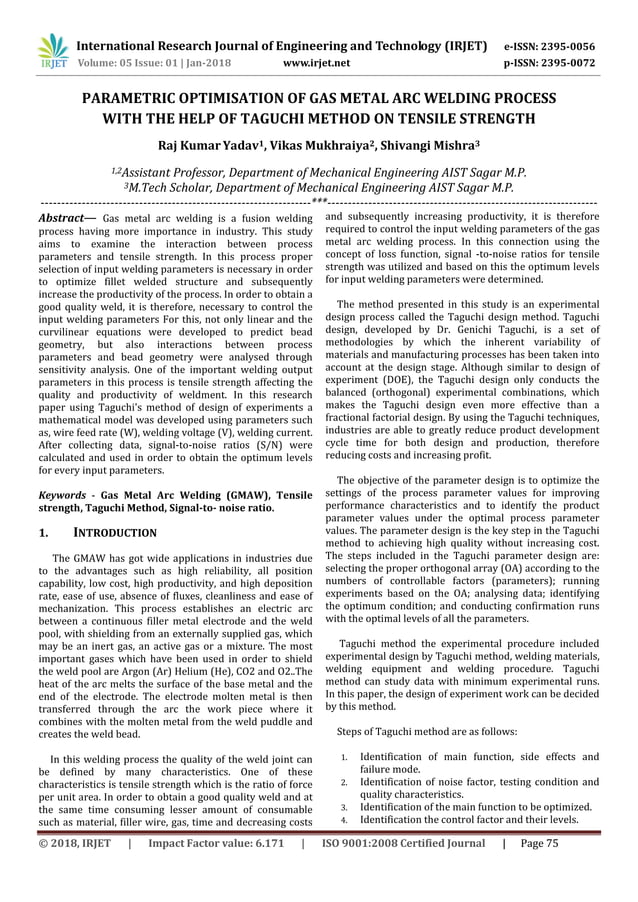 IRJET-Parametric Optimisation of Gas Metal Arc Welding Process with the Help of Taguchi Method ...