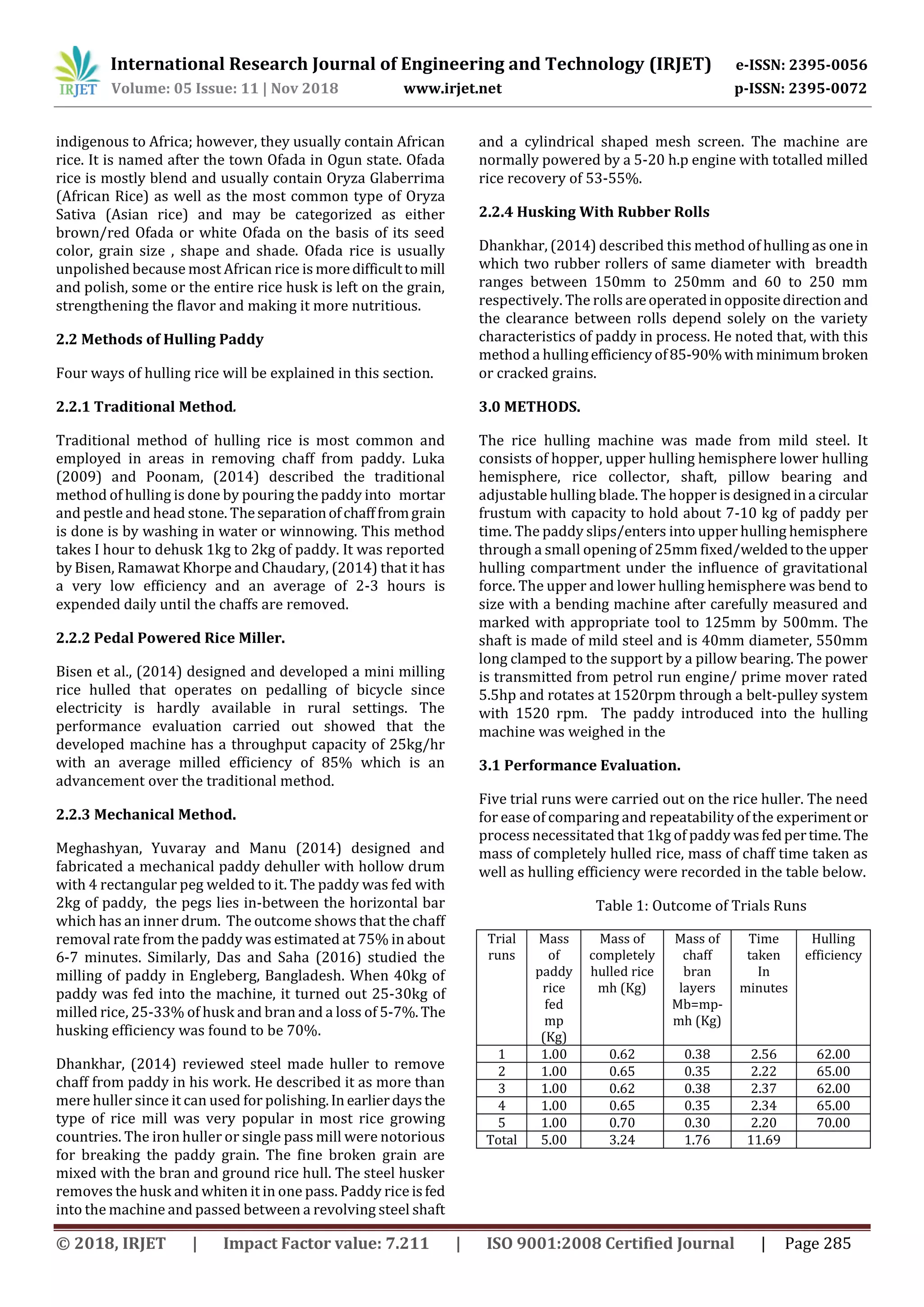 IRJET- Design and Deleopment of an Ofada Rice Hulling Machine | PDF