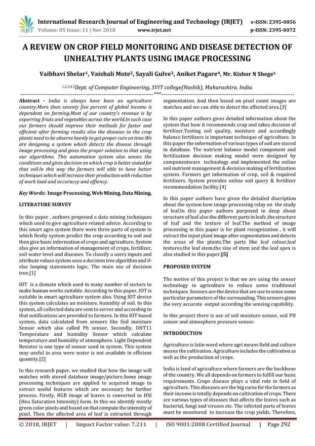 IRJET- A Review on Crop Field Monitoring and Disease Detection of Unhealthy Plants using Image ...