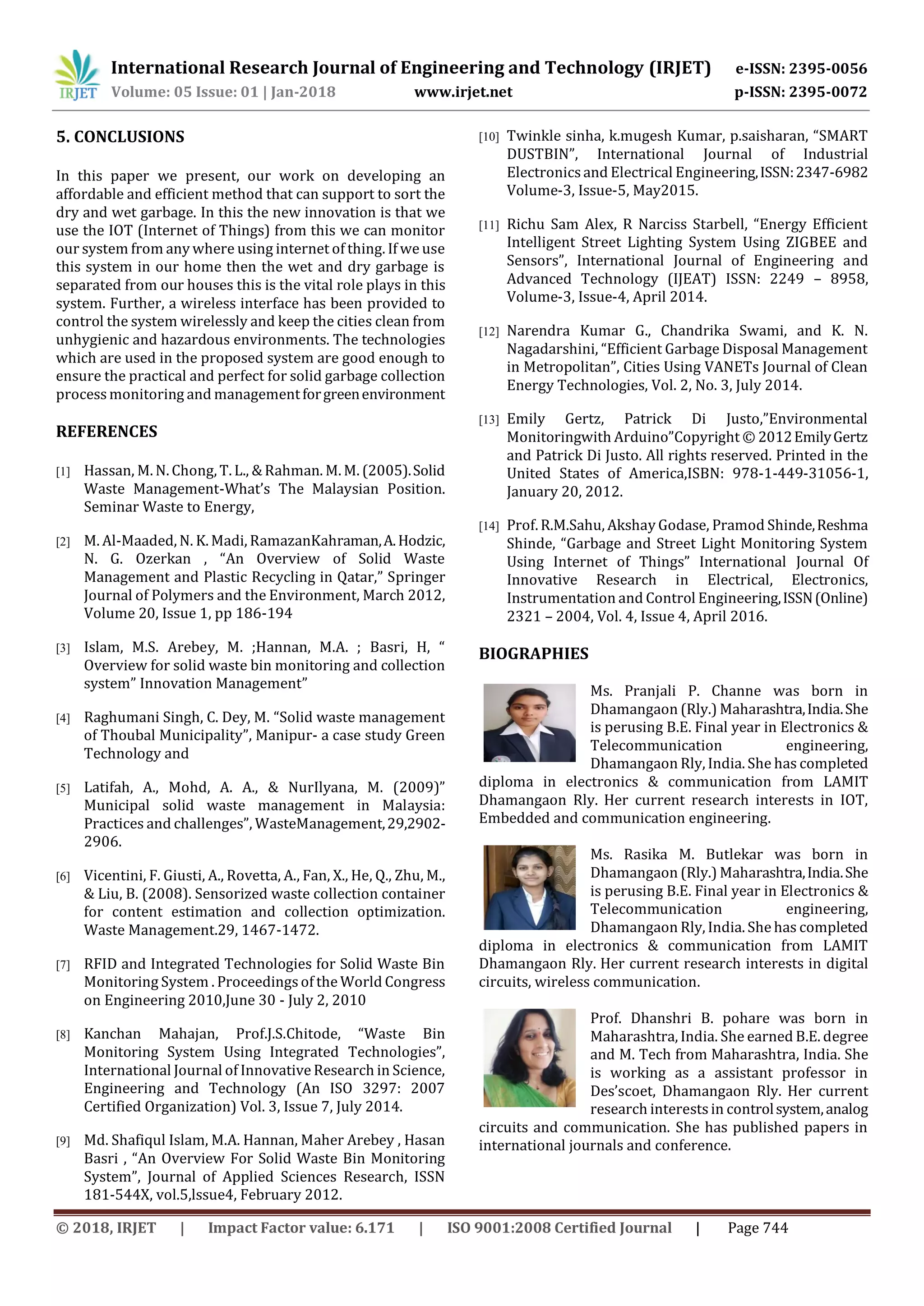 IRJET-IOT Based Garbage Monitoring and Sorting System | PDF