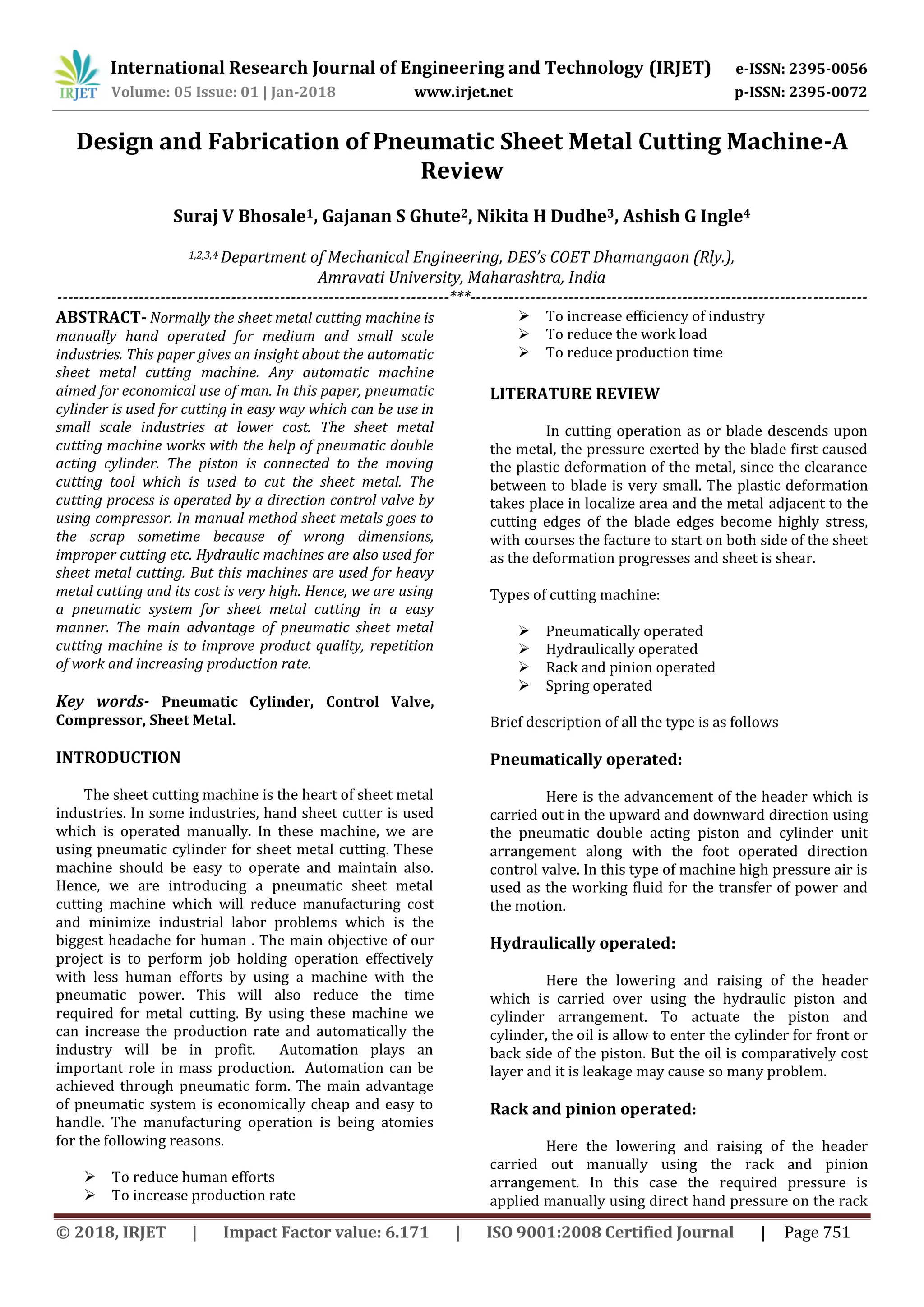 irjet-Design and Fabrication of Pneumatic Sheet Metal Cutting Machine-A ...