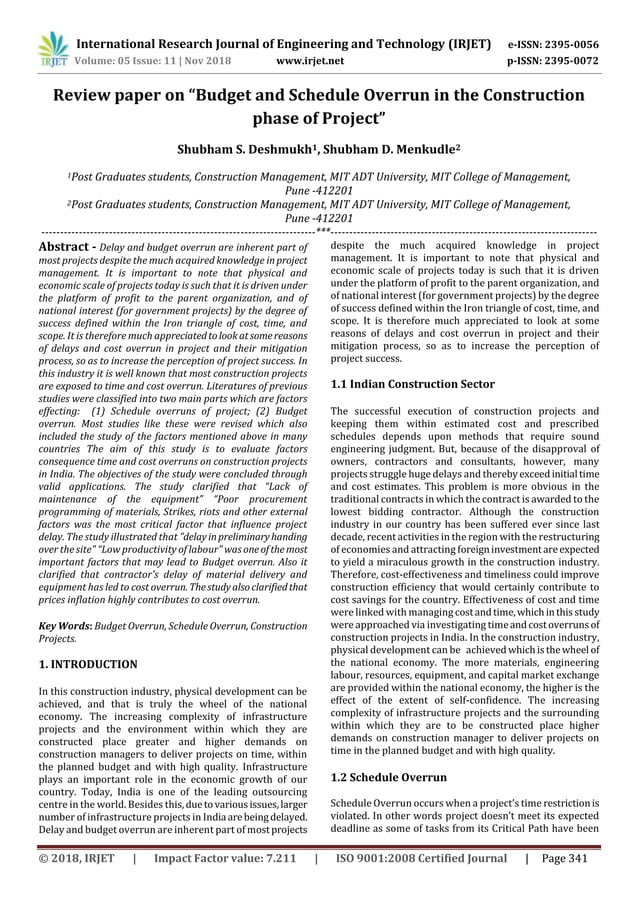 IRJET- Review Paper on “Budget and Schedule Overrun in the Construction ...