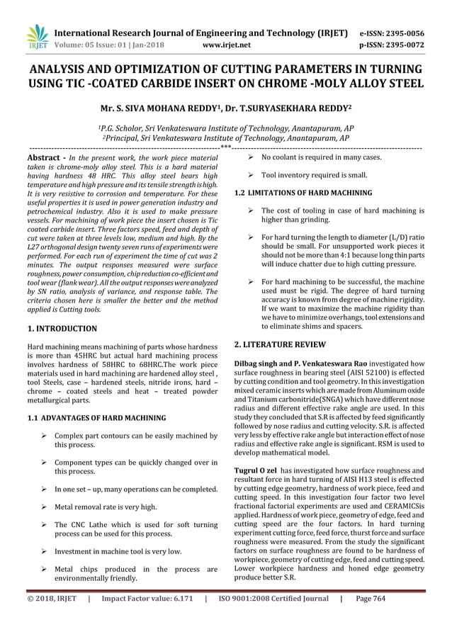 IRJET-Analysis and Optimization of Cutting Parameters in Turning using Tic -Coated Carbide ...