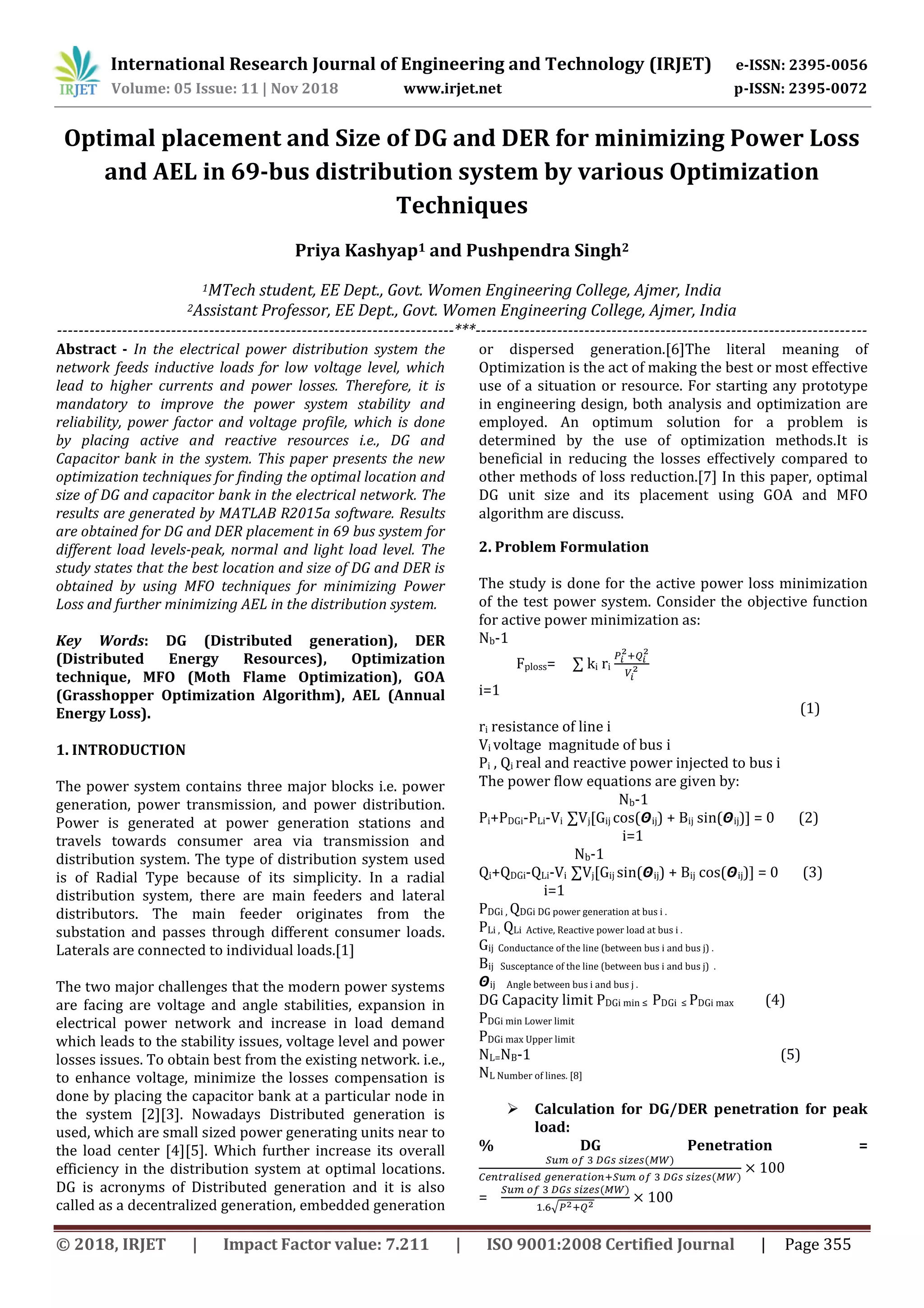 IRJET- Optimal Placement and Size of DG and DER for Minimizing Power Loss and AEL in 69-Bus ...