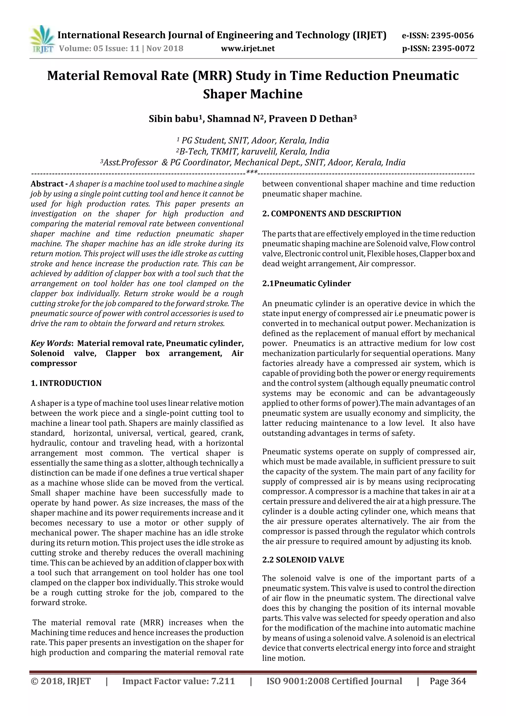 IRJET- Material Removal Rate (MRR) Study in Time Reduction Pneumatic Shaper Machine | PDF ...