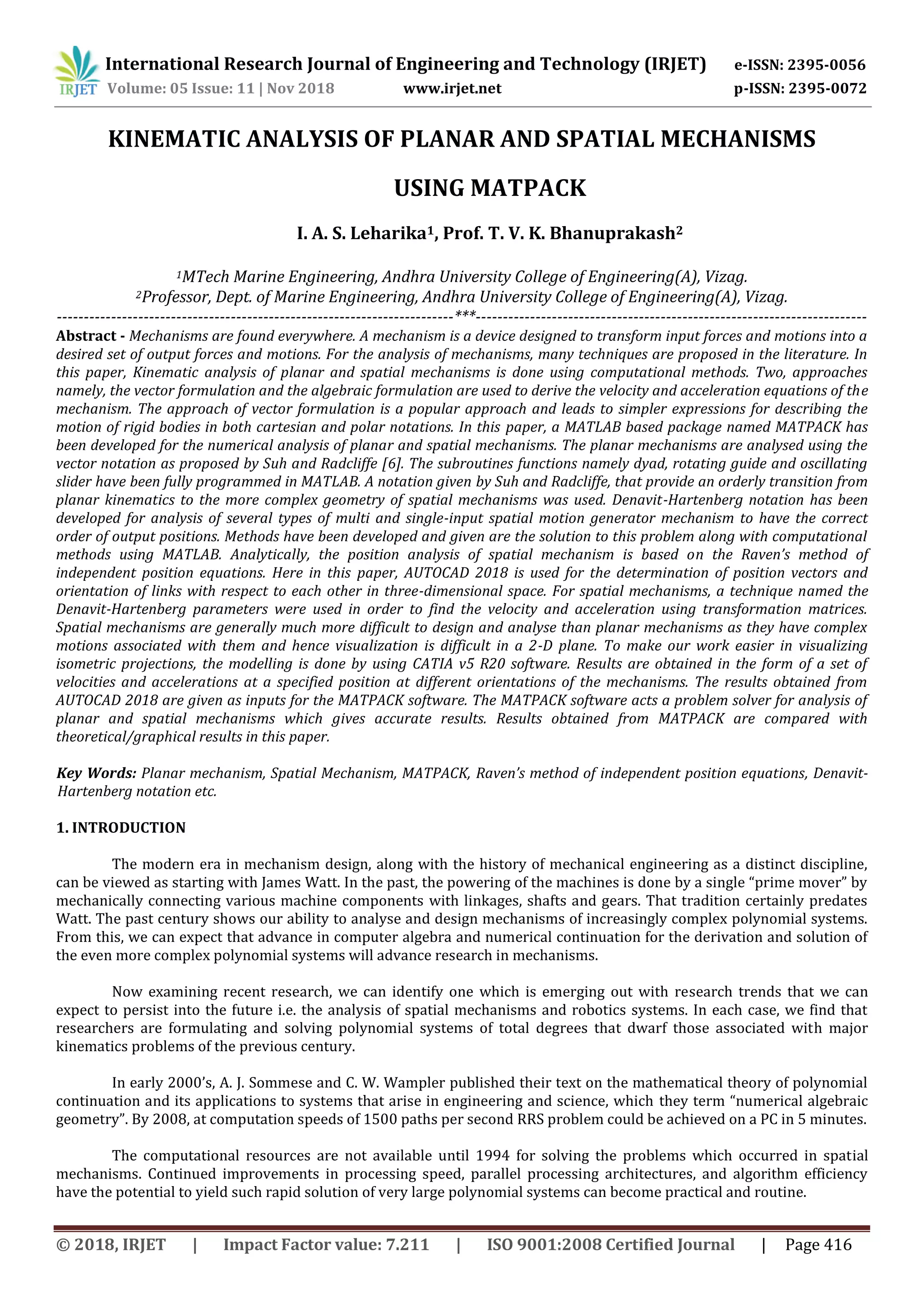 IRJET- Kinematic Analysis of Planar and Spatial Mechanisms using Matpack | PDF