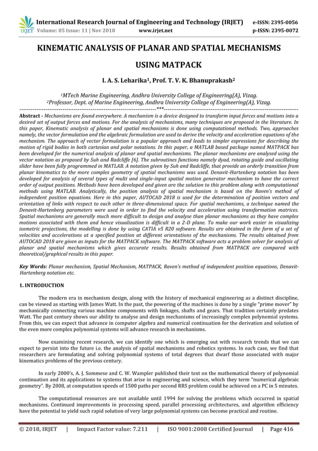 IRJET- Kinematic Analysis of Planar and Spatial Mechanisms using Matpack | PDF | Free Download