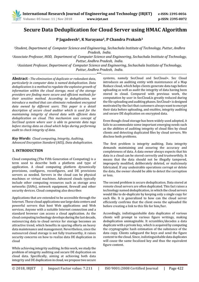 IRJET- Secure Data Deduplication for Cloud Server using HMAC Algorithm | PDF | Cloud Computing ...