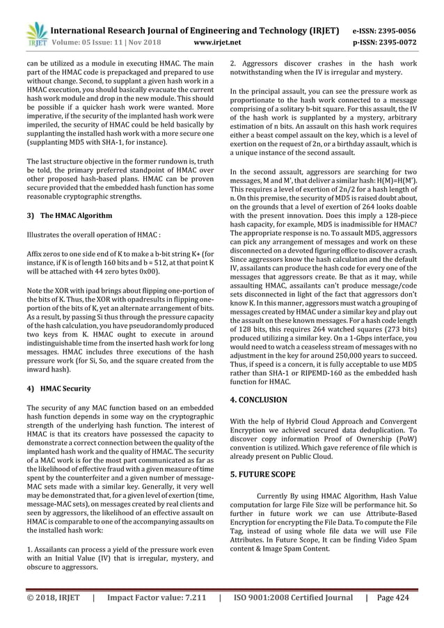 Irjet Secure Data Deduplication For Cloud Server Using Hmac Algorithm Pdf Cloud Computing