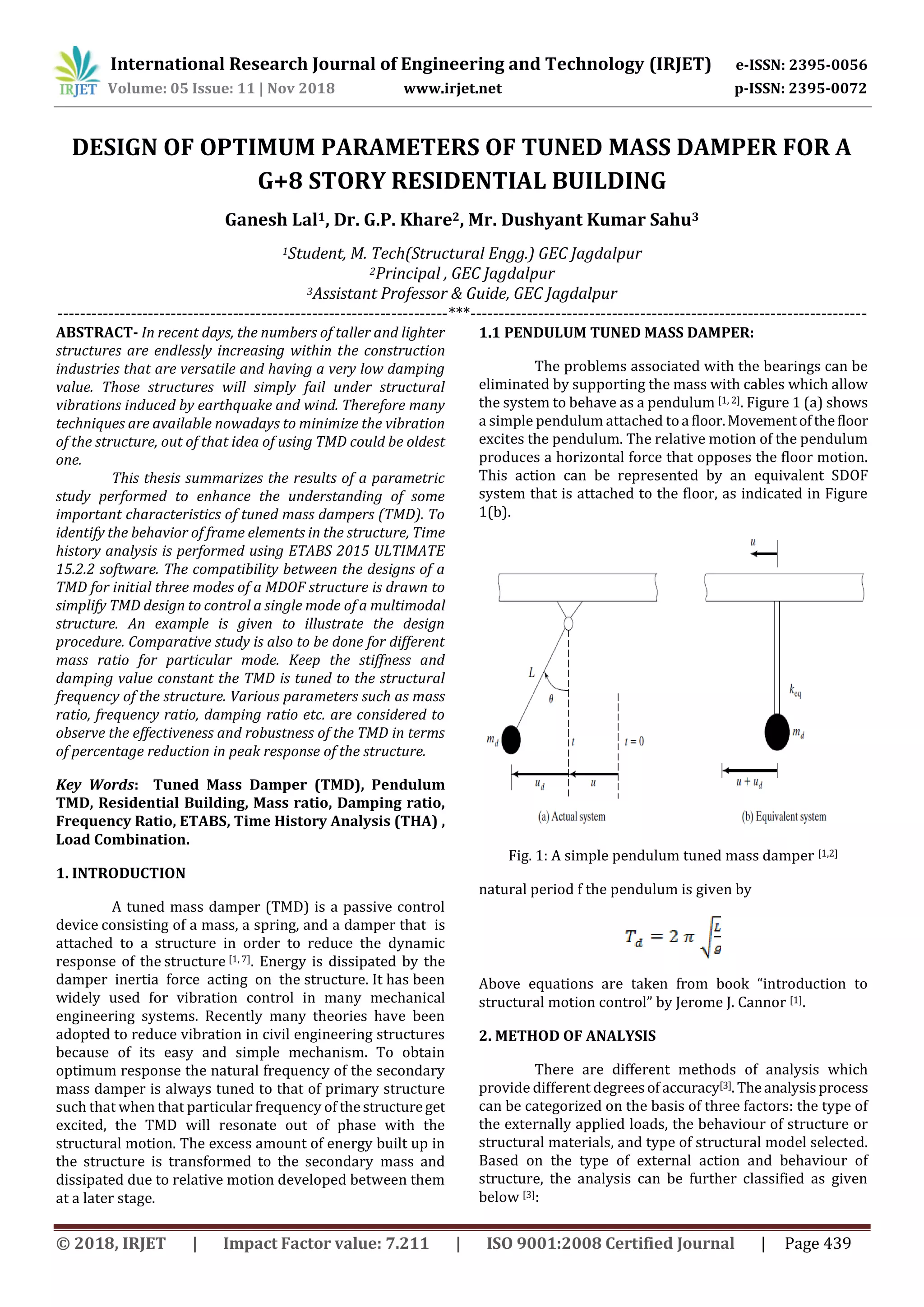 IRJET- Design of Optimum Parameters of Tuned Mass Damper for a G+8 Story Residential Building ...