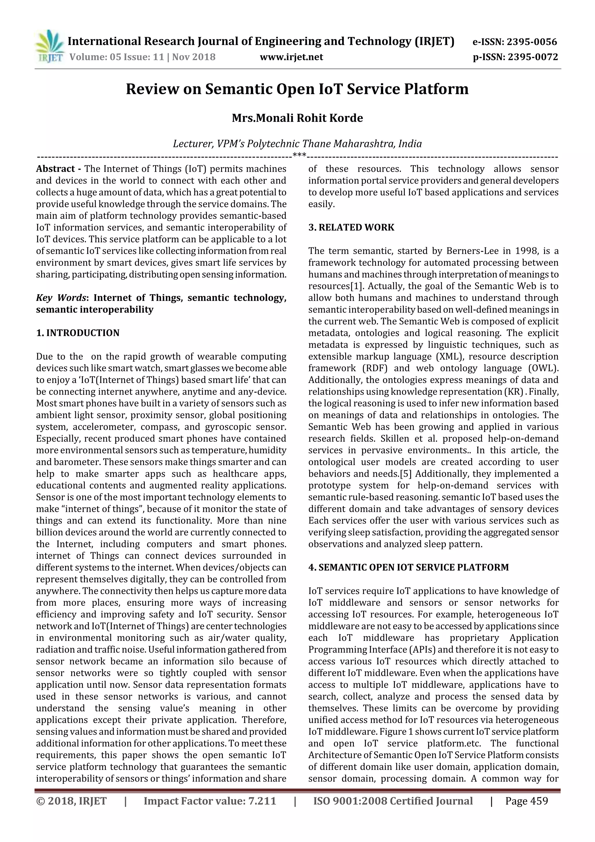 IRJET- Review On Semantic Open IoT Service Platform | PDF