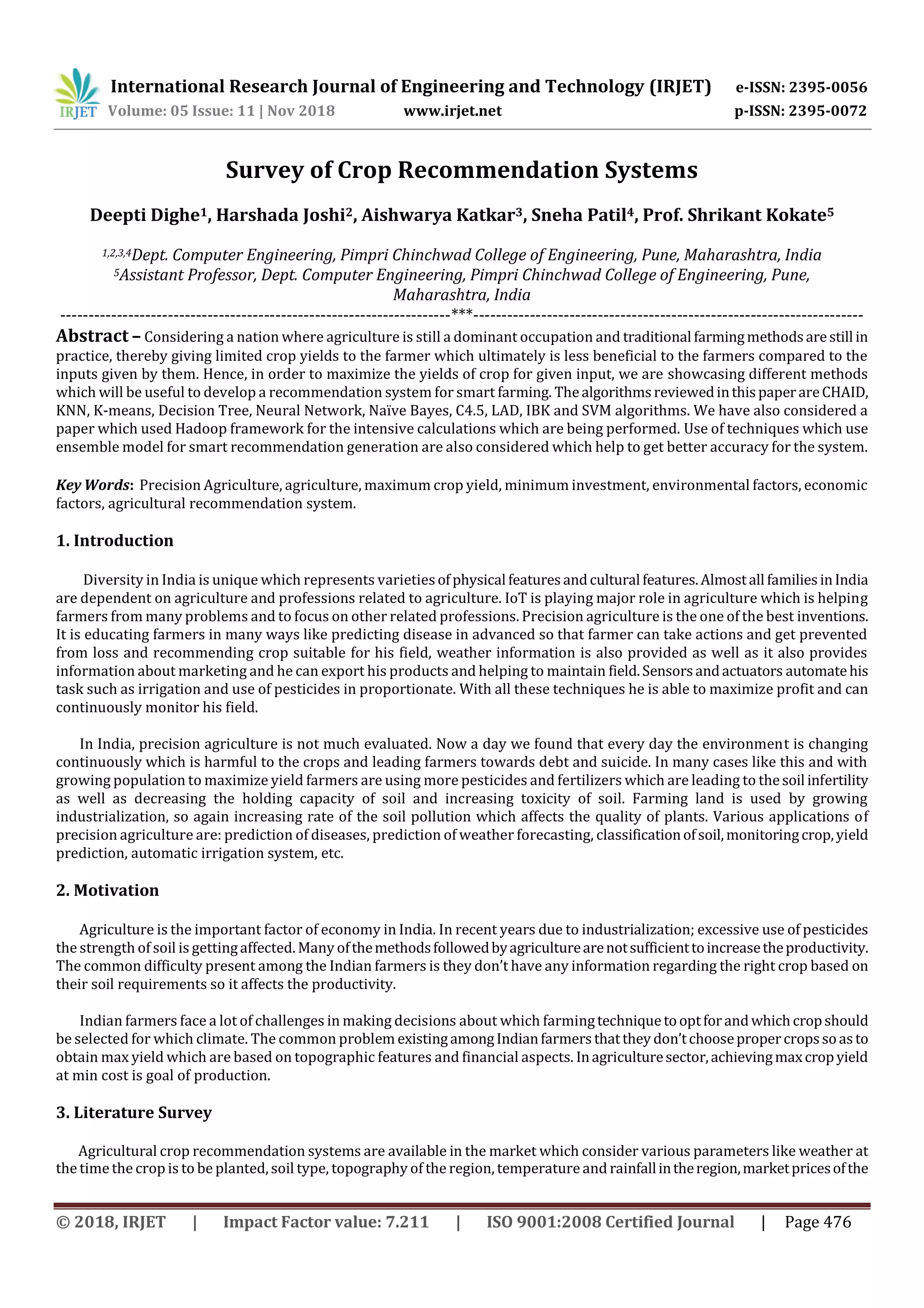 IRJET- Survey of Crop Recommendation Systems | PDF