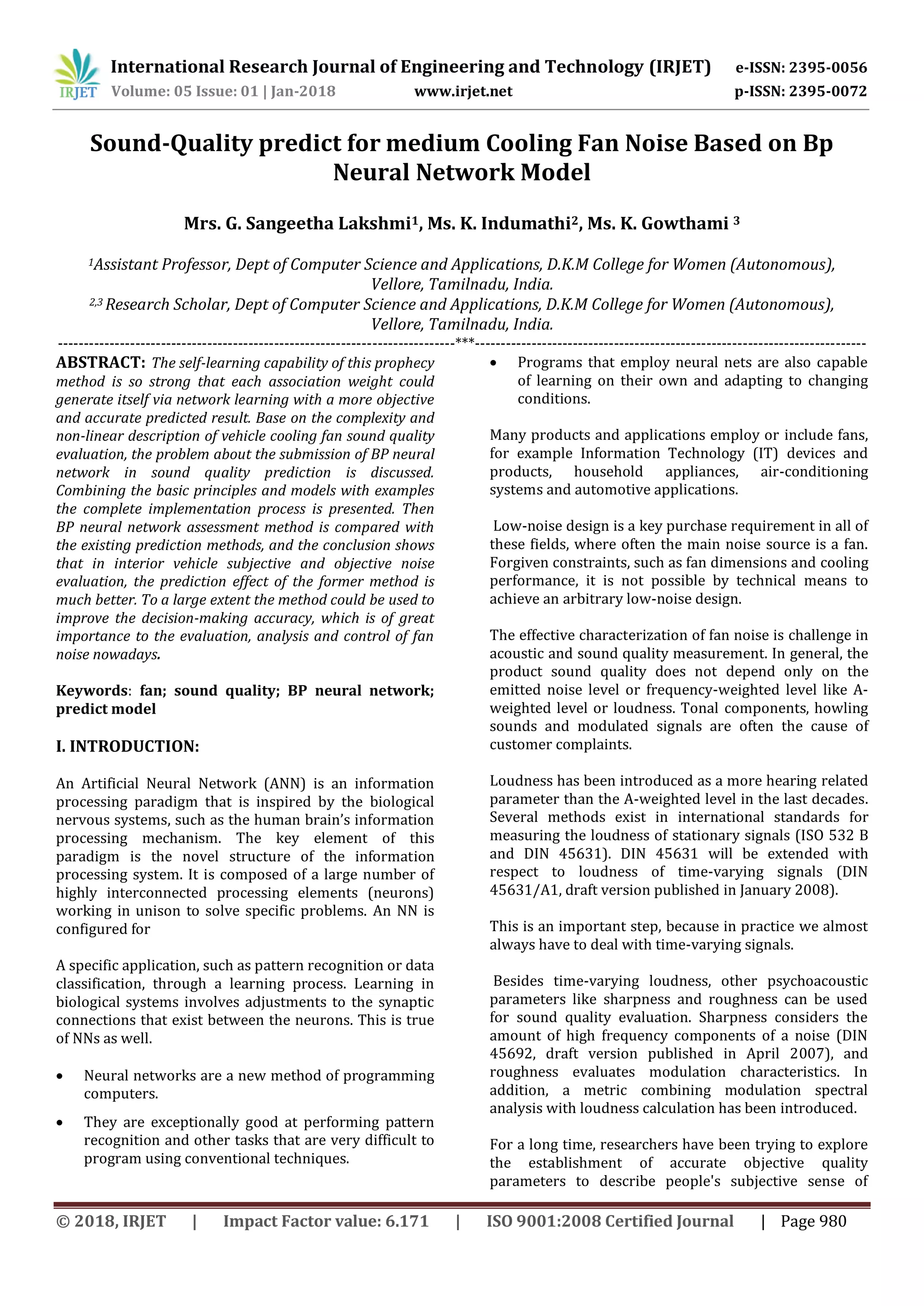 IRJET-Sound-Quality Predict for Medium Cooling Fan Noise based on BP Neural Network Model | PDF