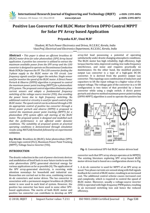 IRJET- Positive Luo Converter Fed BLDC Motor Driven DPPO Control MPPT for Solar PV Array based ...