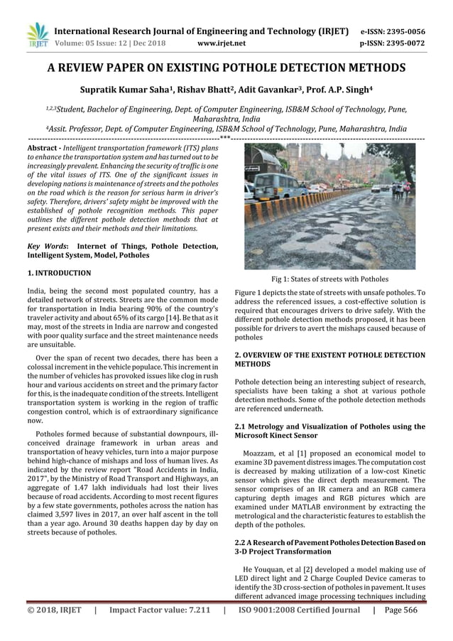 IRJET- A Review Paper on Existing Pothole Detection Methods | PDF