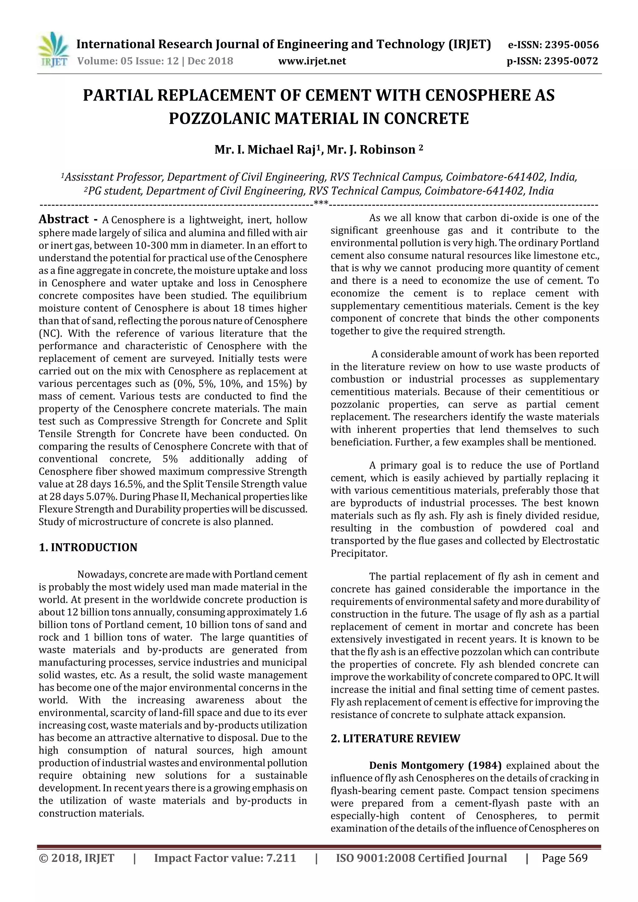 IRJET- Partial Replacement of Cement with Cenosphere as Pozzolanic Material in Concrete | PDF