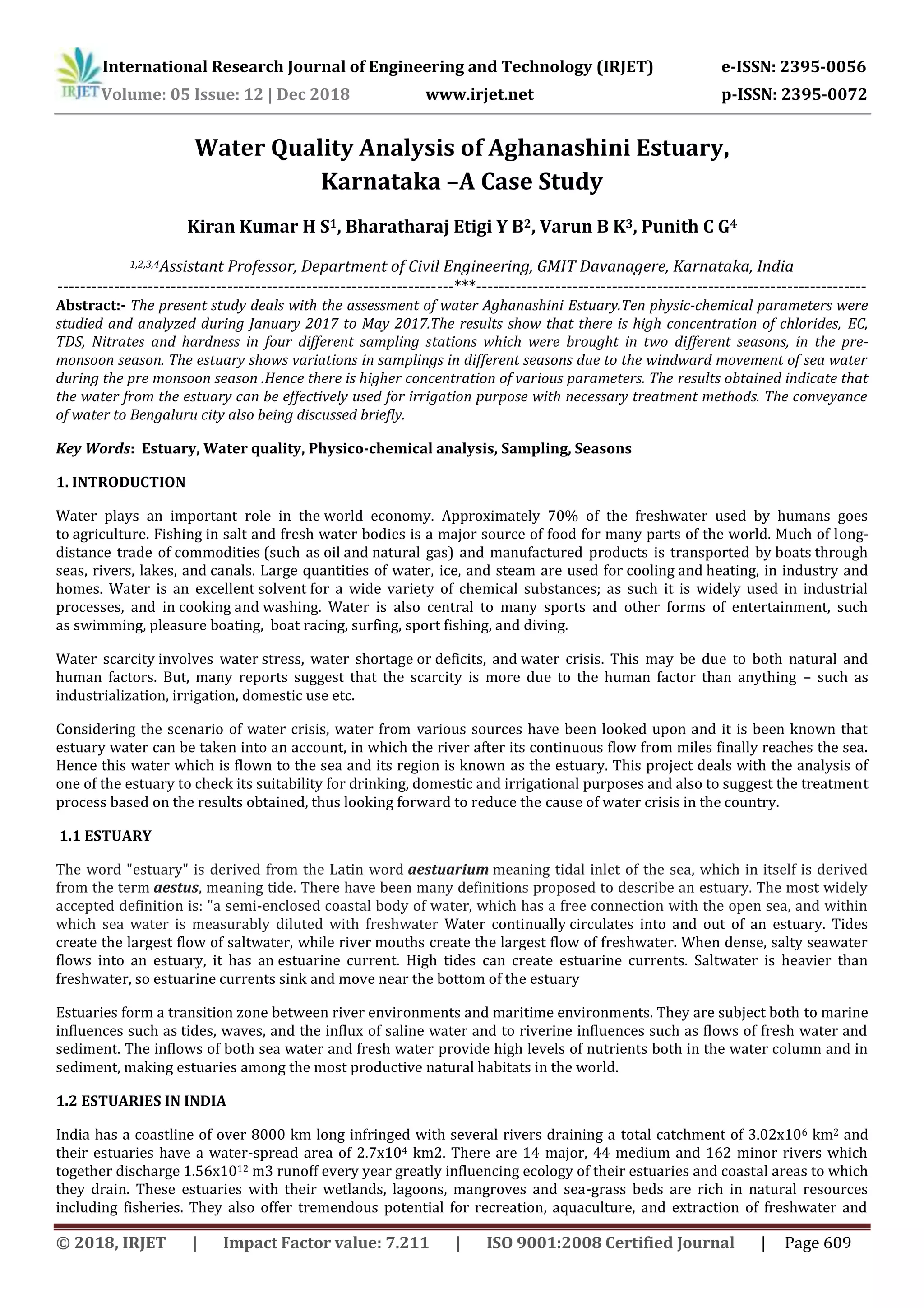 IRJET- Water Quality Analysis of Aghanashini Estuary,Karnataka –A Case Study | PDF
