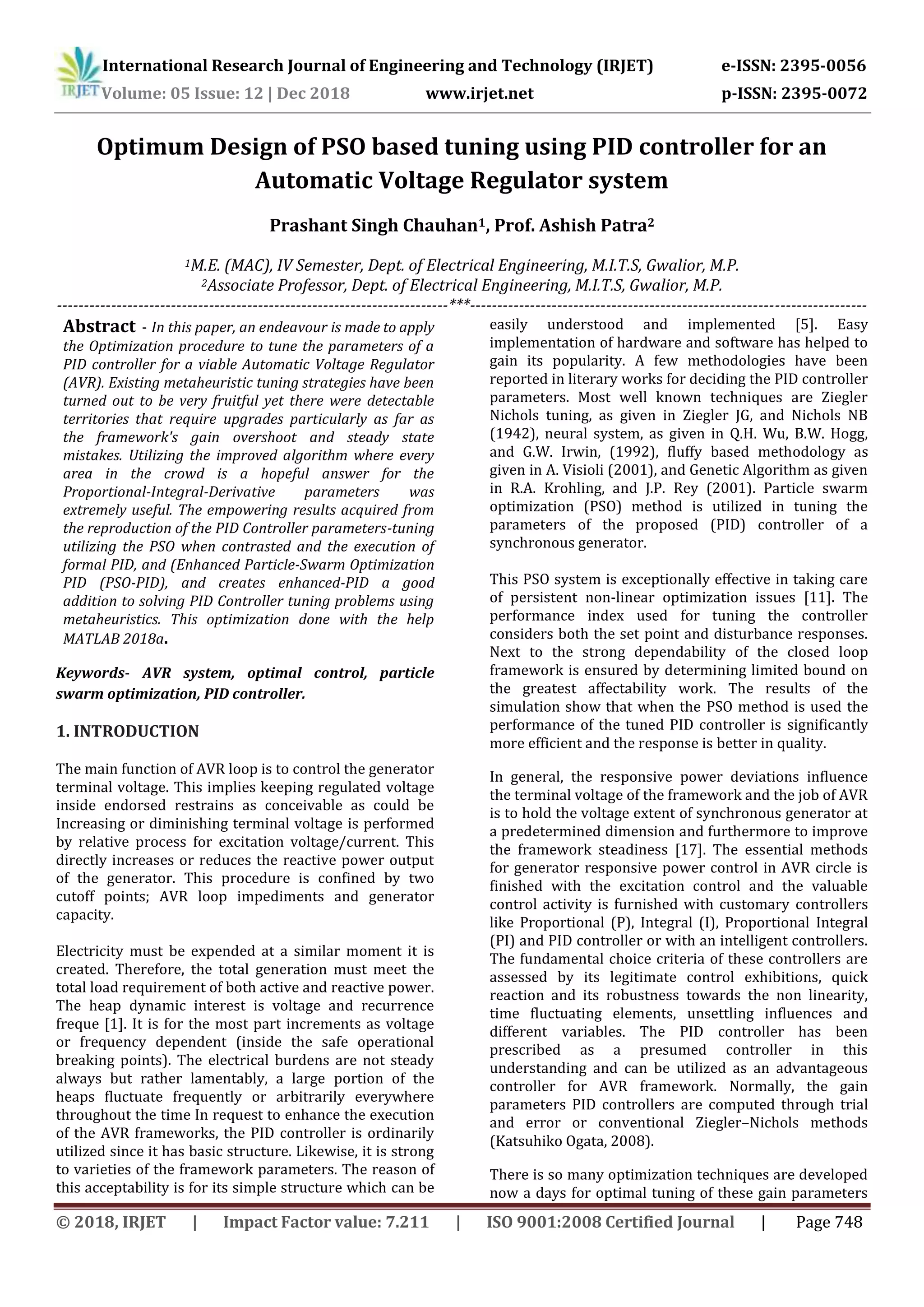 IRJET- Optimum Design of PSO based Tuning using PID Controller for an Automatic Voltage ...