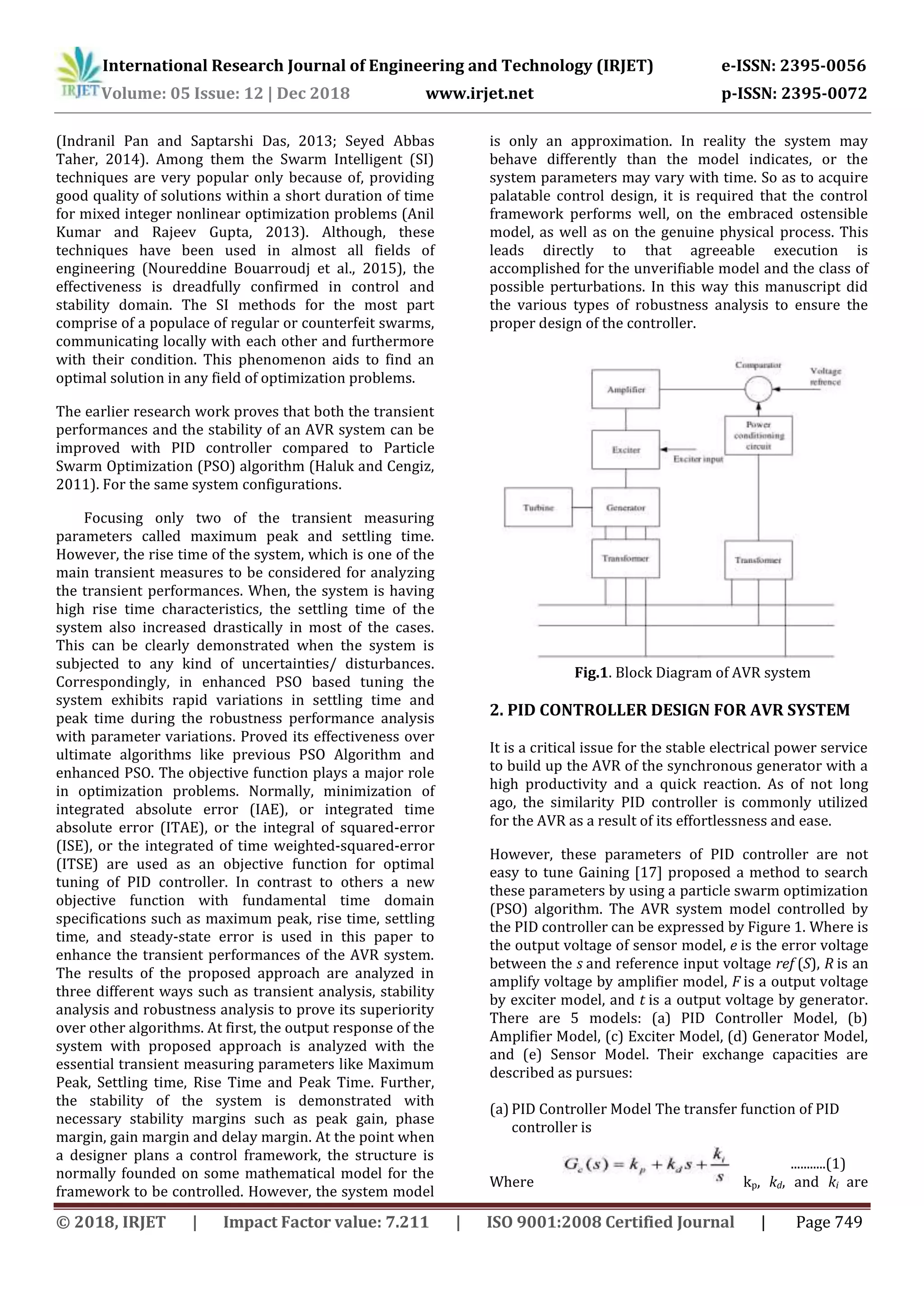 IRJET- Optimum Design of PSO based Tuning using PID Controller for an Automatic Voltage ...