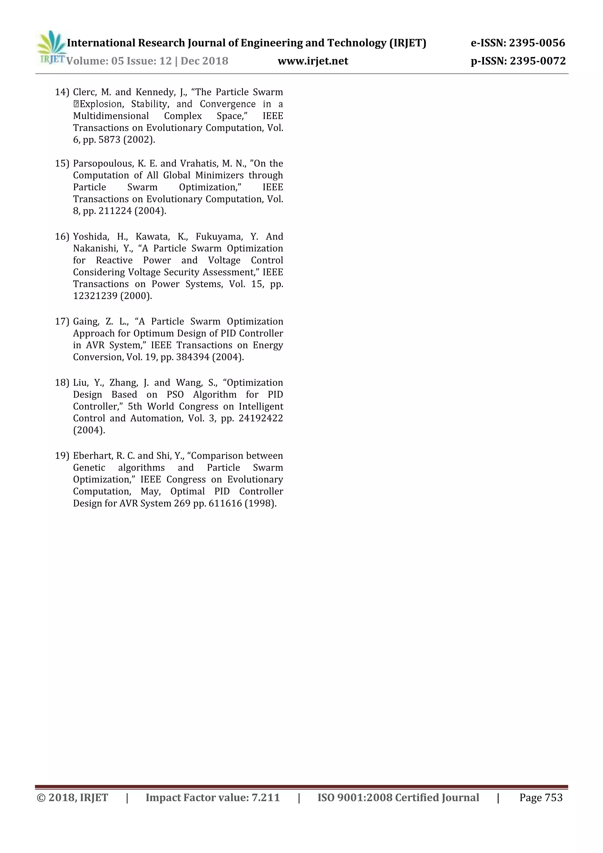 Irjet Optimum Design Of Pso Based Tuning Using Pid Controller For An Automatic Voltage