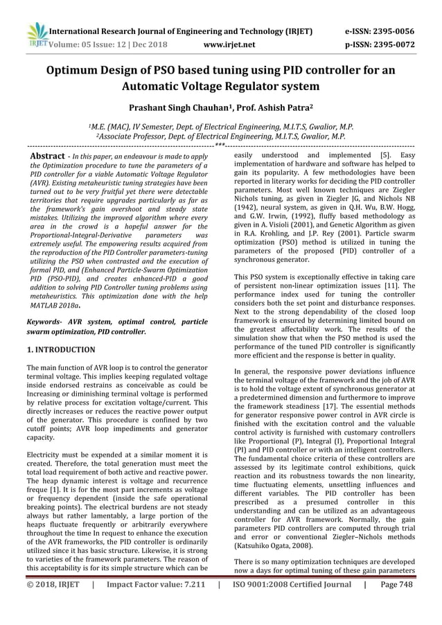 IRJET- Optimum Design of PSO based Tuning using PID Controller for an Automatic Voltage ...
