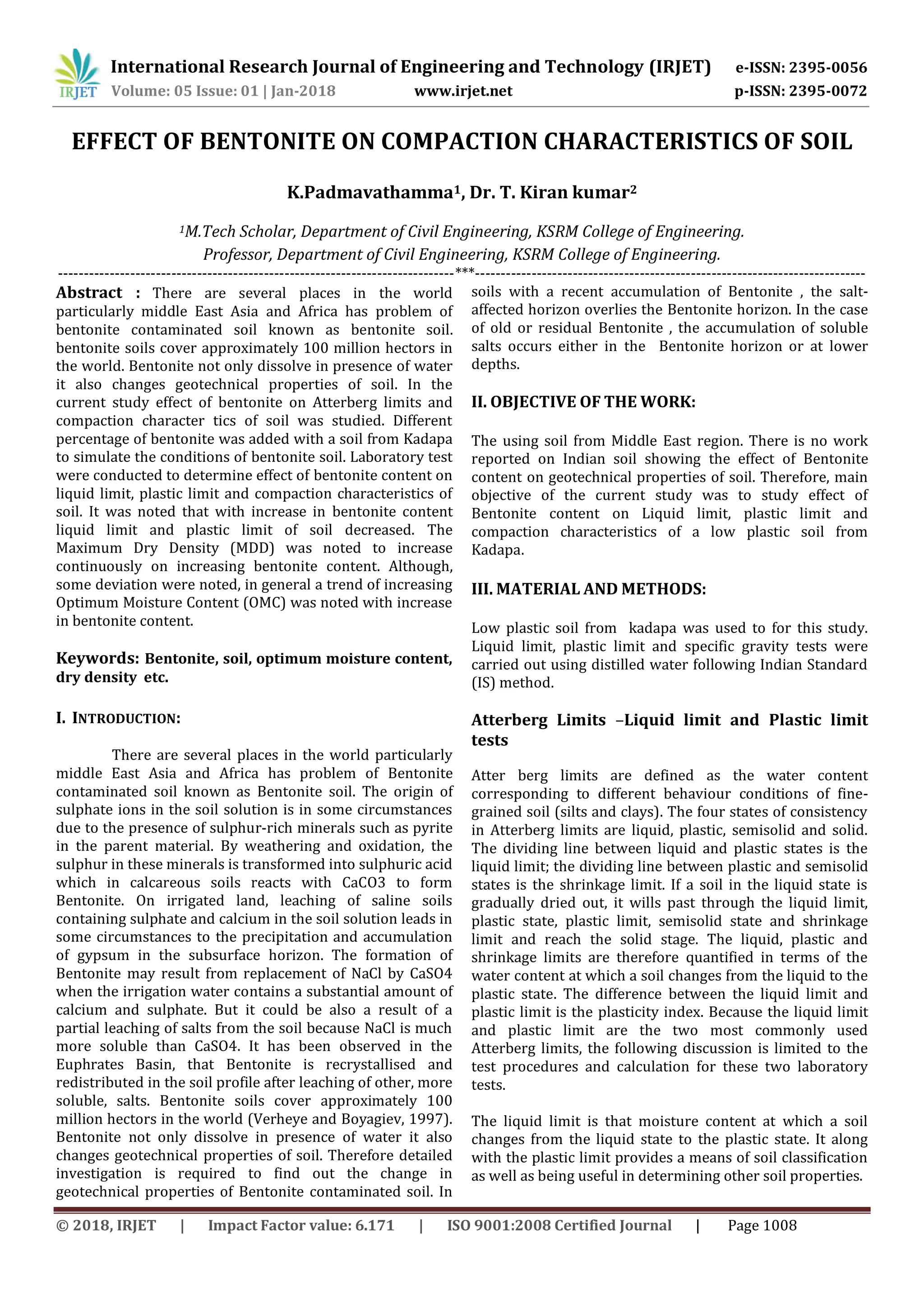 Effect of Bentonite on Compaction Characteristics of Soil | PDF