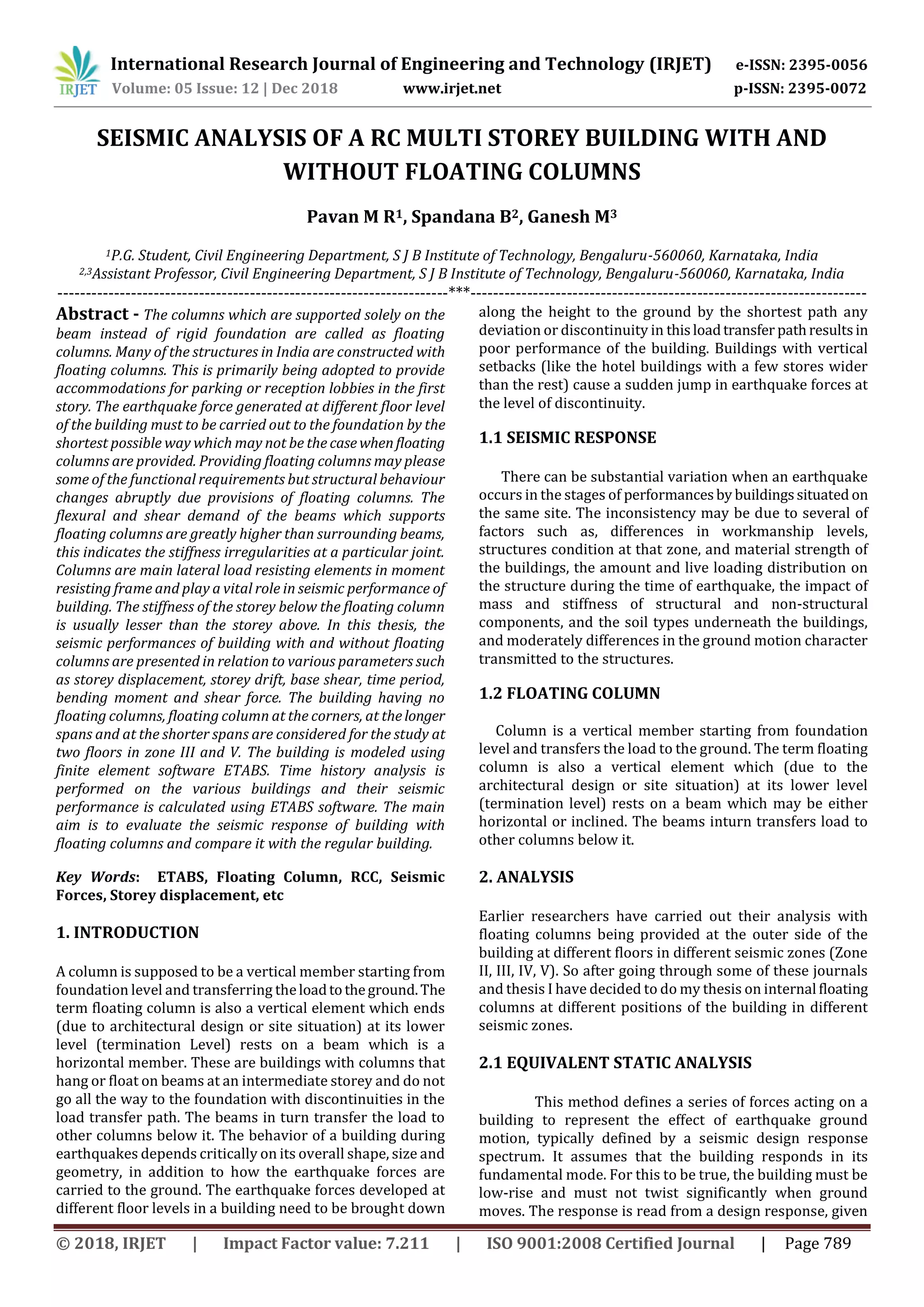IRJET- Seismic Analysis of a RC Multi Storey Building with and without Floating Columns | PDF