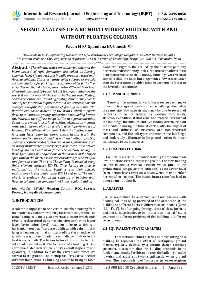 IRJET- Seismic Analysis of a RC Multi Storey Building with and without Floating Columns | PDF